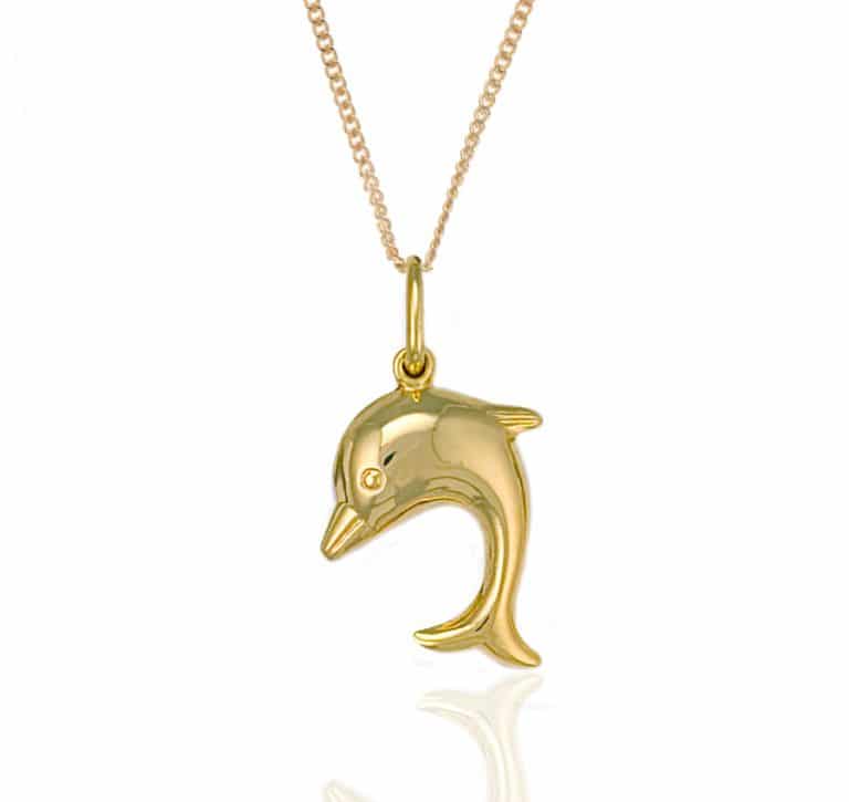 9ct Gold Dolphin Pendant & Chain. - Marquise