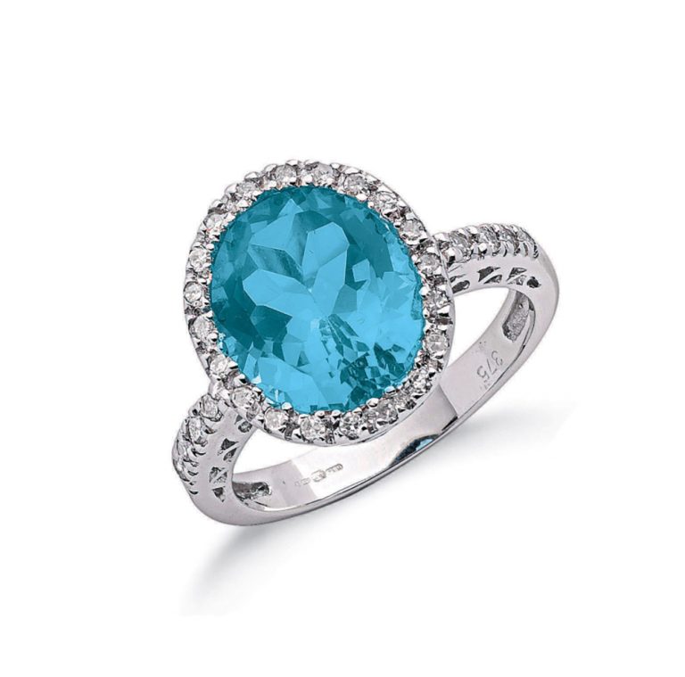 9ct White Gold Diamond Oval Cut Topaz Ring. - Marquise